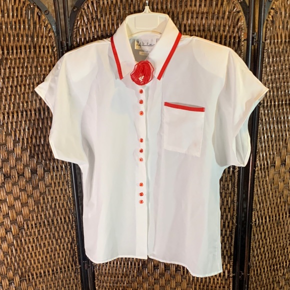 Vintage | Tops | Vintage Lady Manhattan White With Red Accents Blouse ...